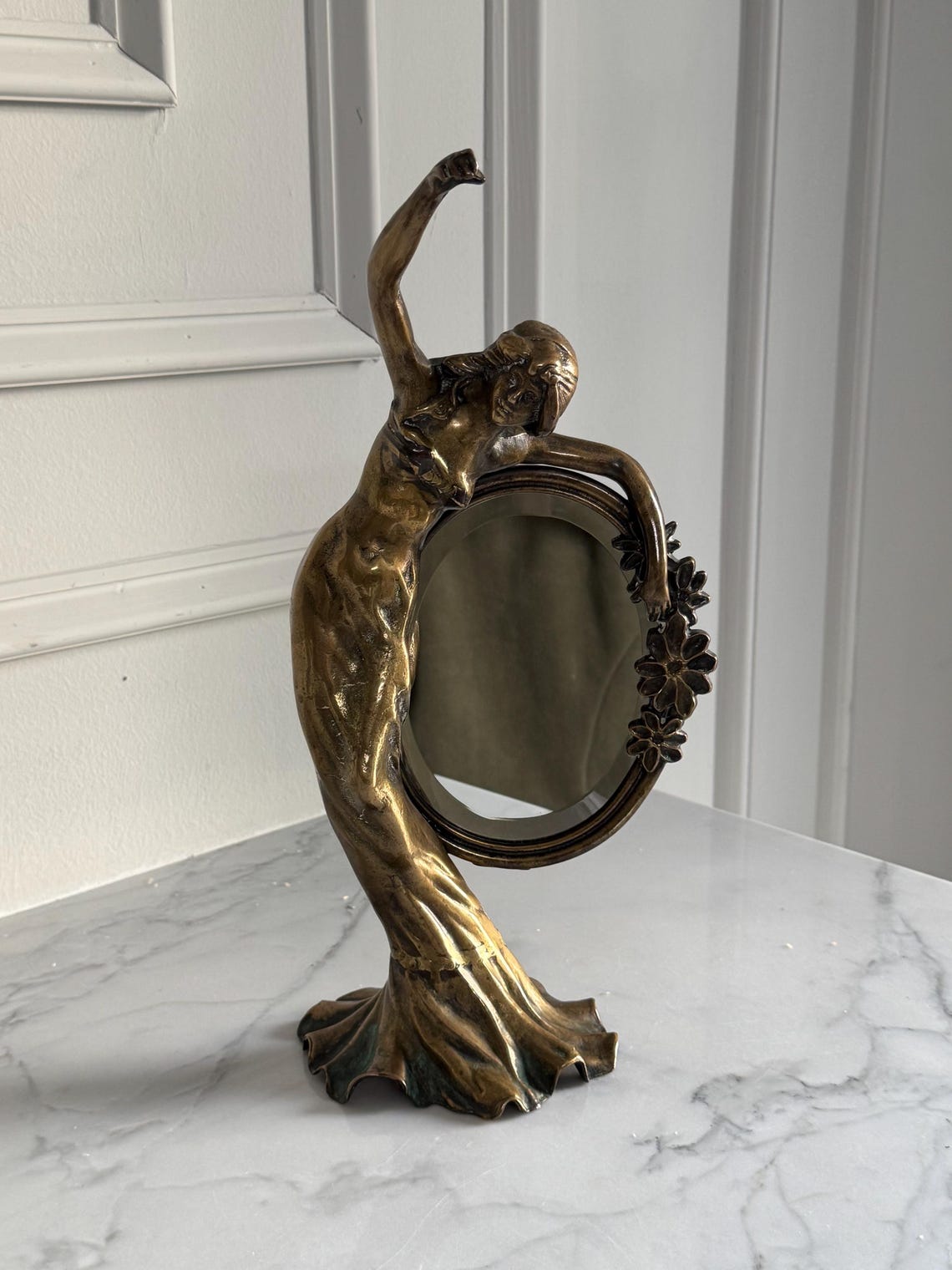 Vintage Patinated Bronze Art Nouveau Standing Lady Vanity Mirror 14” X ...