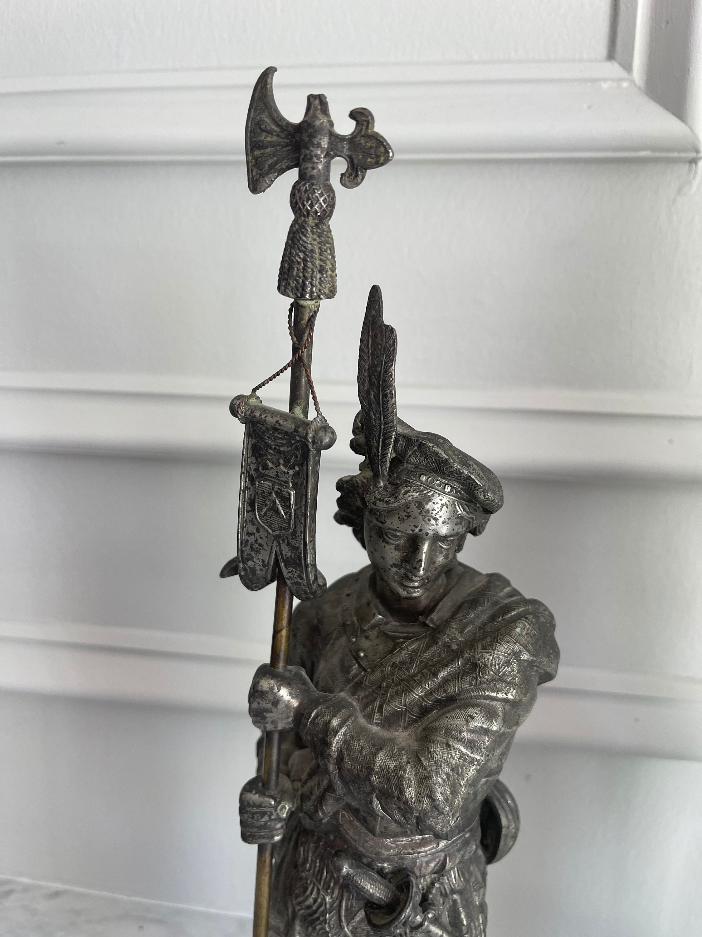 Vintage or Antique Spelter Figure Guard Sculpture Statue Holding Bronze ...
