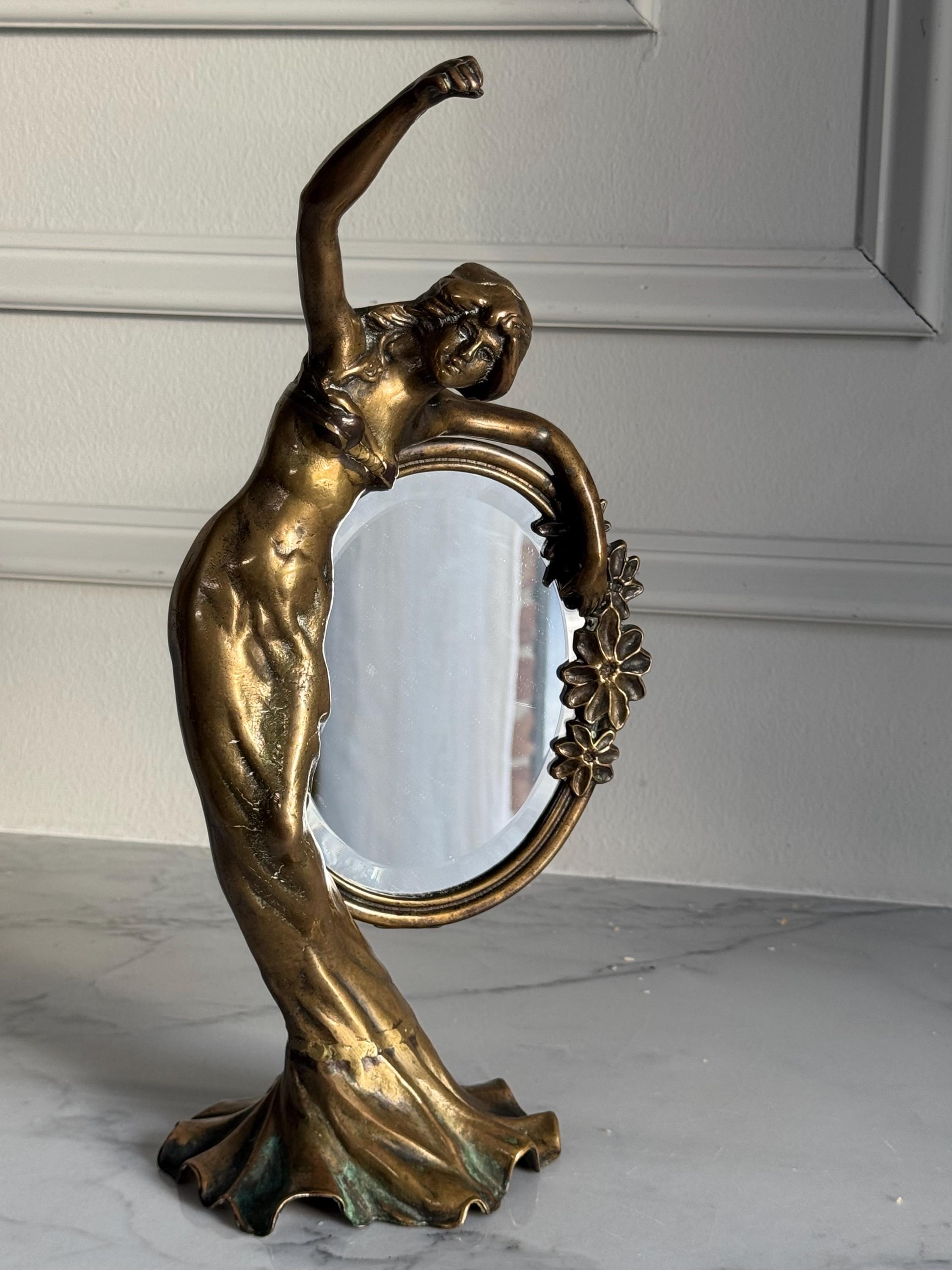 Vintage Patinated Bronze Art Nouveau Standing Lady Vanity Mirror 14” X ...
