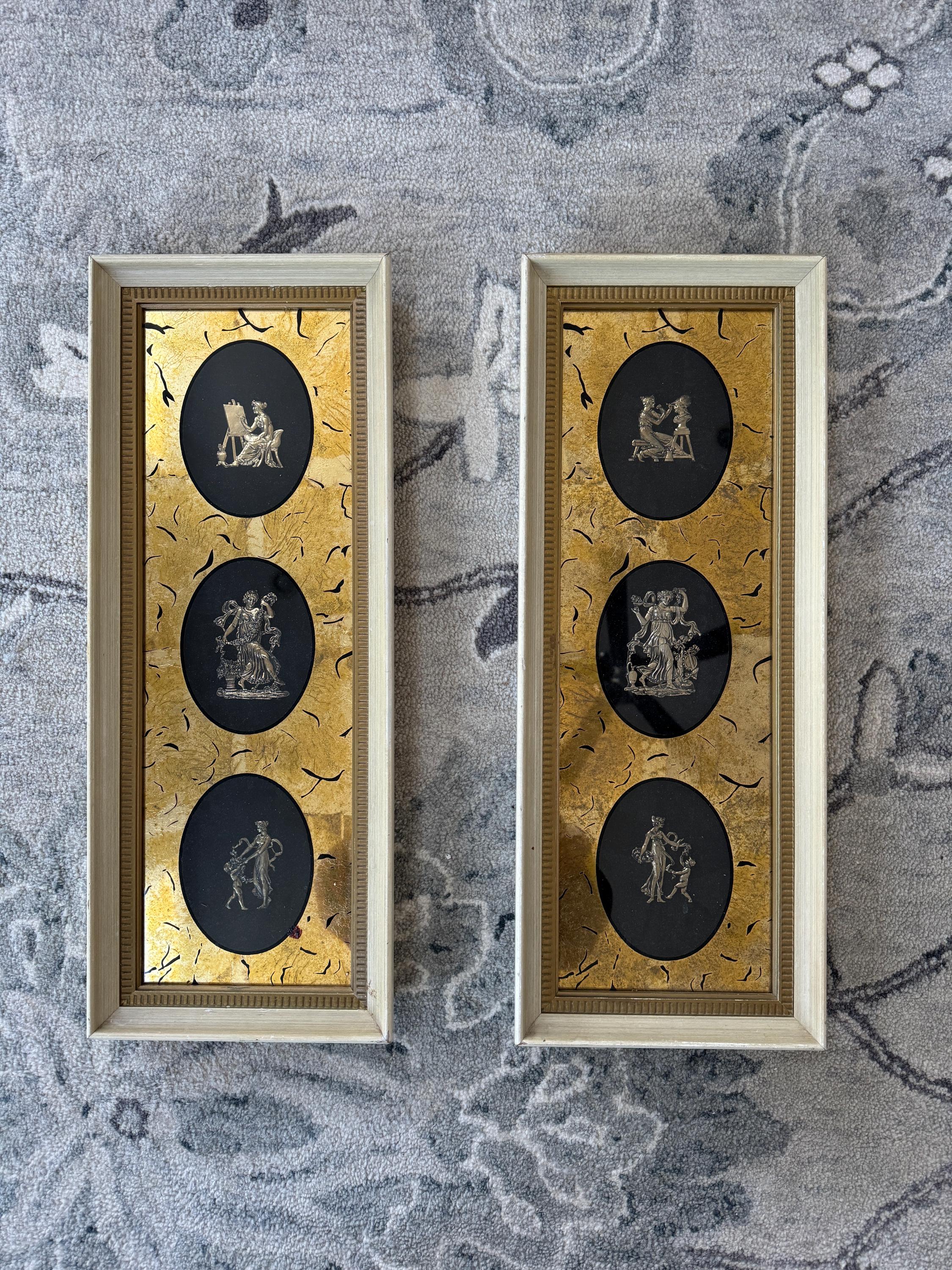 Pair of Framed Gold and Black Tone Greek Goddess Relief Wall Art Panel ...