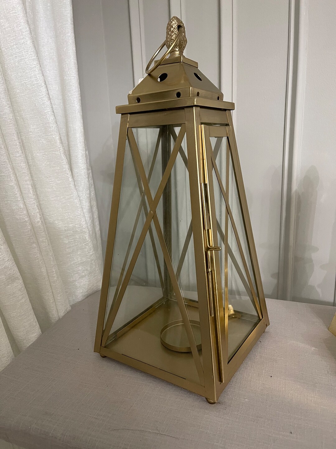 Heavy Quality Gold Tone Metal Glass Pyramid Lantern Pillar Candleholder ...