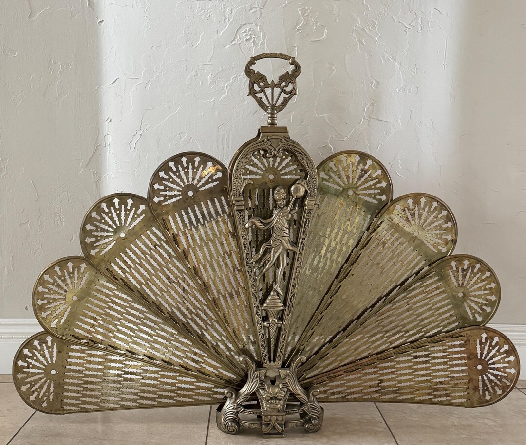 Vintage Foldable Brass Peacock Fireplace Screen Lady Gargoyle Victorian ...