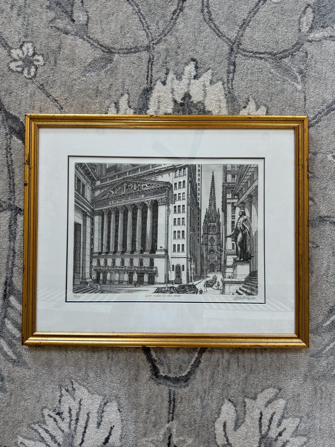 20th C Black and White Etching on Paper "quiet Sunday on Wall Street ...