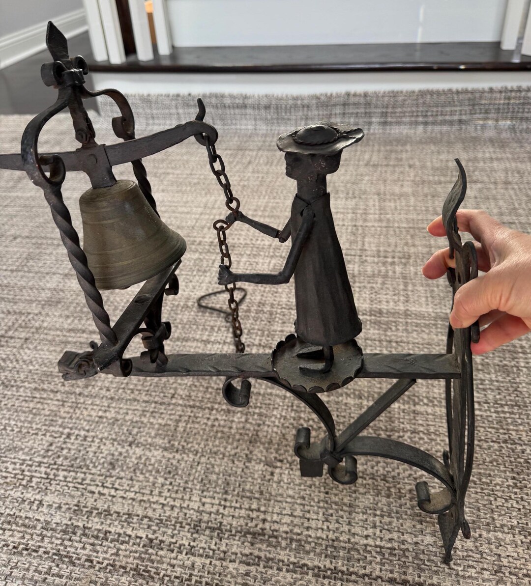 Vintage Black Cast Iron Figural Dinner Wall Bell 20