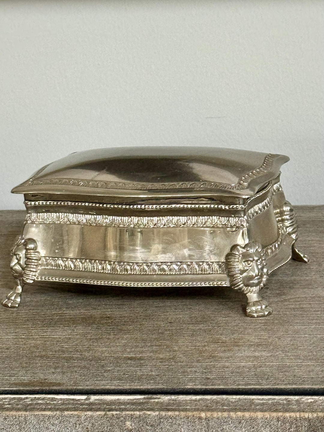 Lion Head Footed Italianate Style Silver Tone Metal Jewelry Box 5.75x4 ...