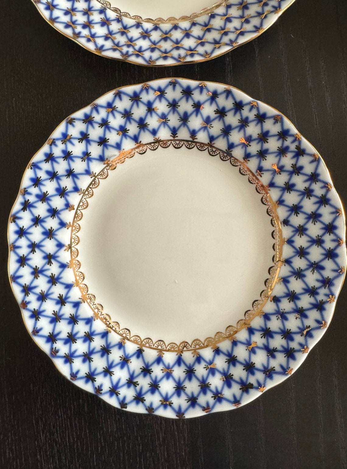Lomonosov Cobalt Blue Fish Net 22K Gold Cup Saucer Dessert Plate 3 ...
