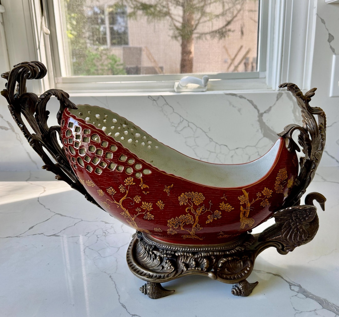 Vintage Large Castilian Bronze Mounted Crackle Glaze Swan Centerpiece ...