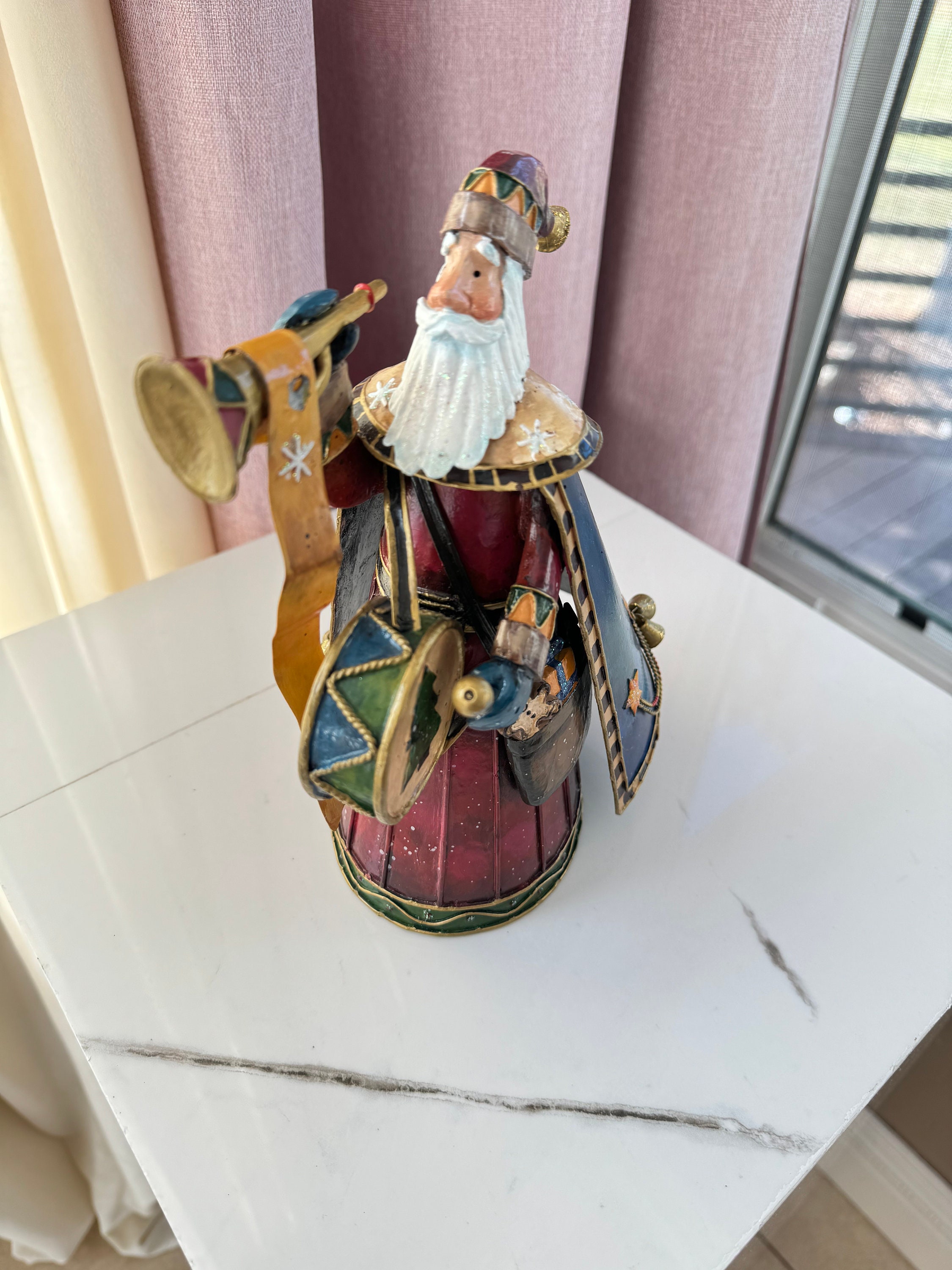Vintage Metal Santa Figure Sculpture Blowing Horn and Beating the Drum ...