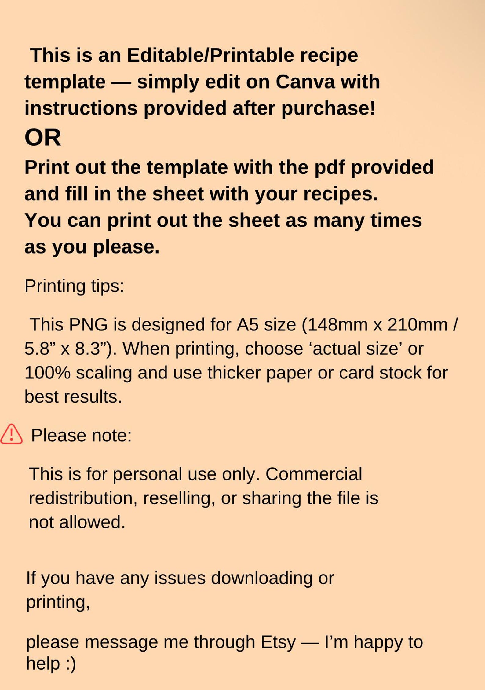 Editable/printable Recipe Card Template A5 | Orange | Pastel ...