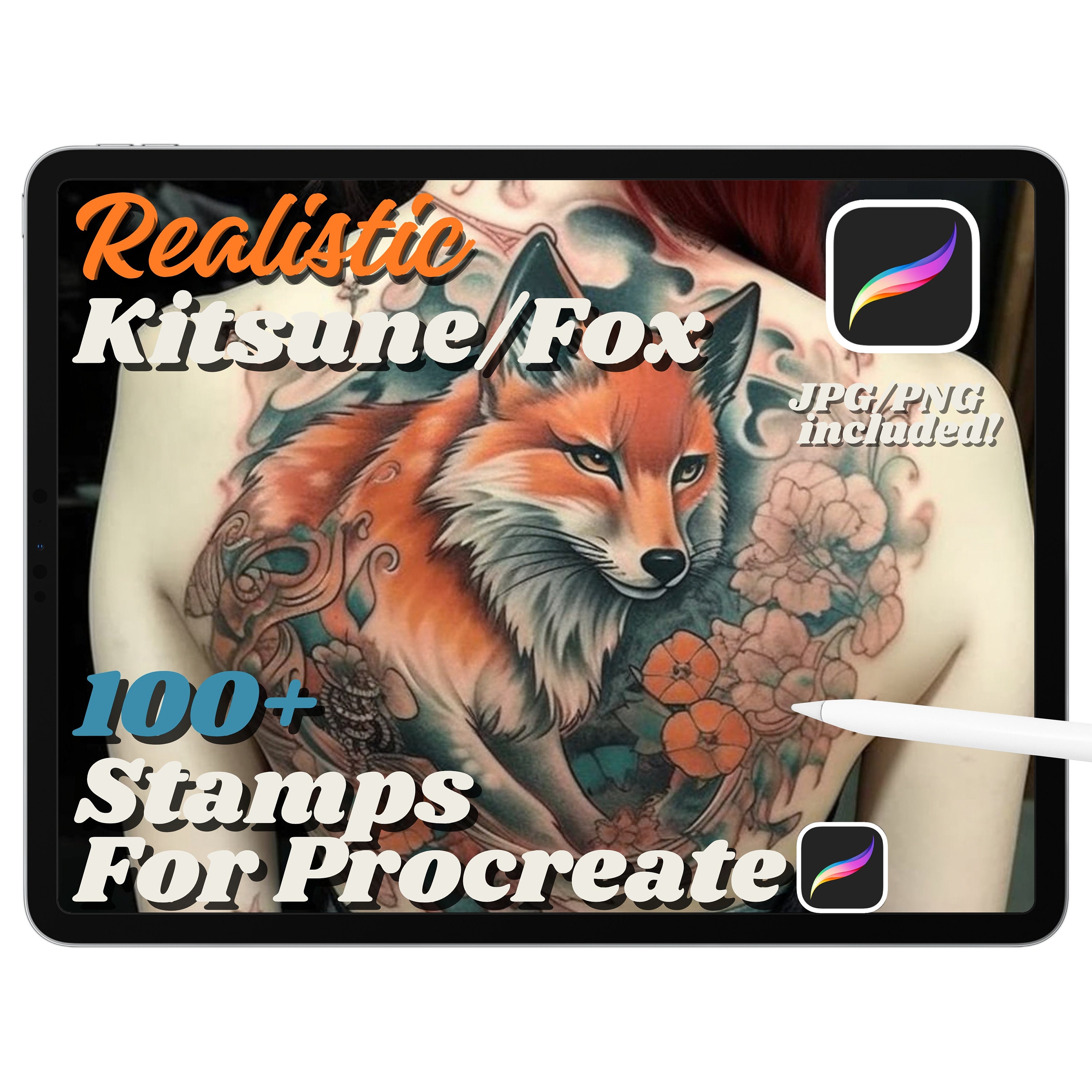 100 Japanese Kitsune Fox Procreate Stamps, Kitsune Tattoo Style Procreate Brushes, Tattoo ...