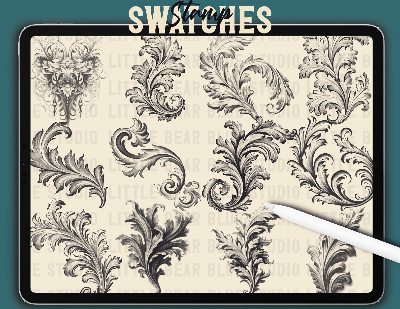 100 Realistic Acanthus Leaf Procreate Stamp Brushes, Realistic Graphics, Filigree Tattoo ...