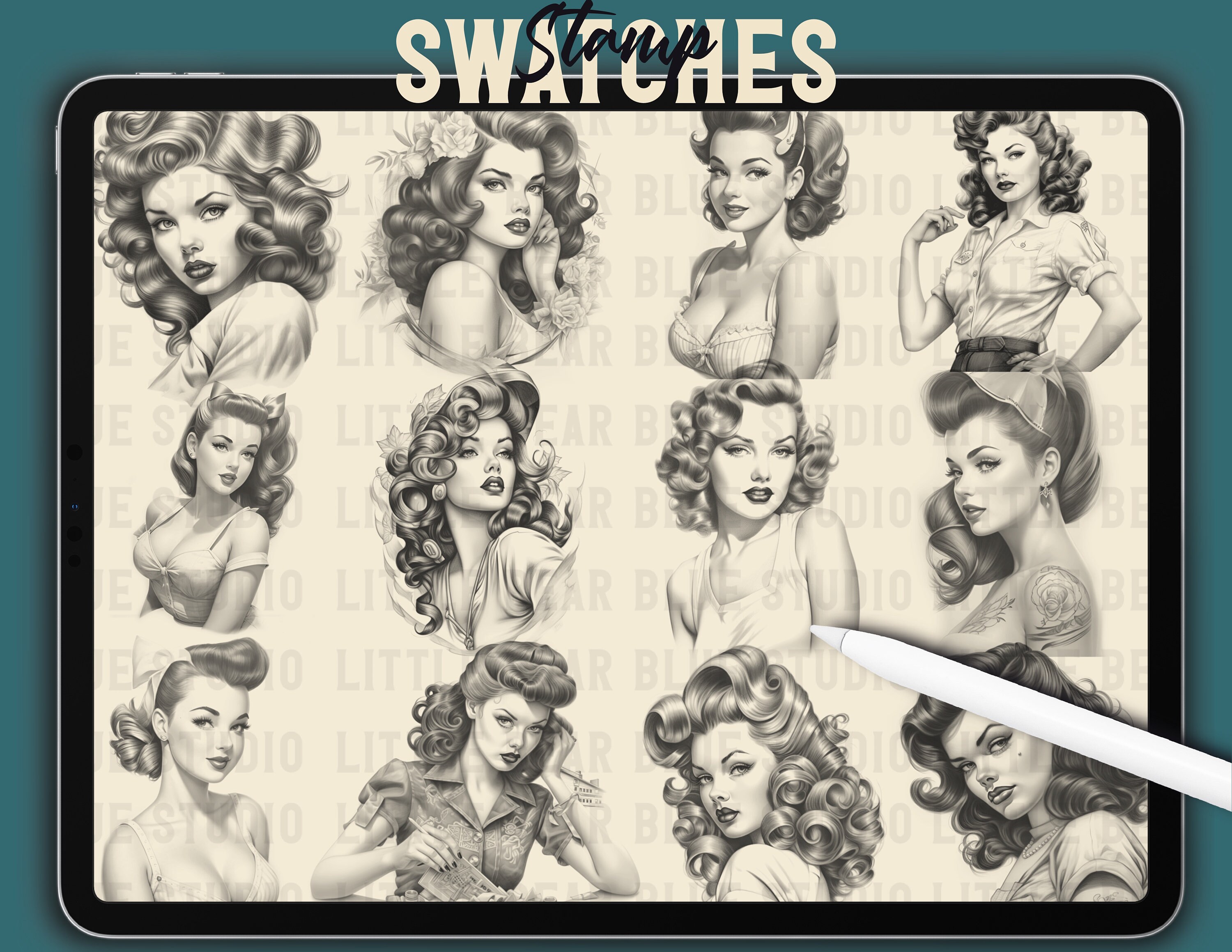100 Realistic Pin up Girl Procreate Stamp Brushes, Pinup Tattoo Stamps, 50s Tattoo Reference ...
