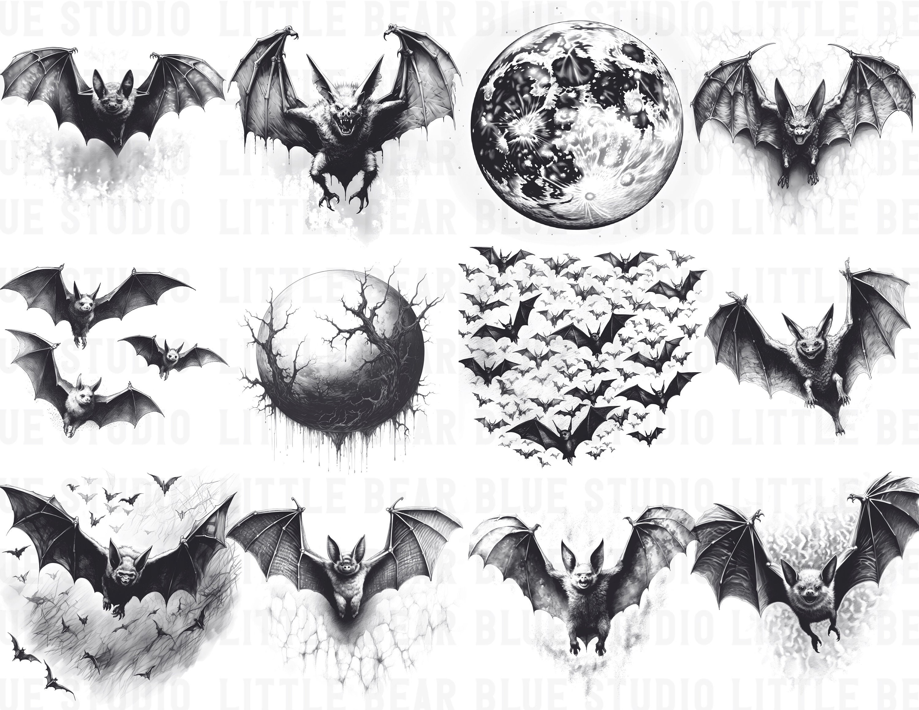 100 Realistic Bat Procreate Stamp Set, Horror Tattoo Stamp, Bat Wing ...