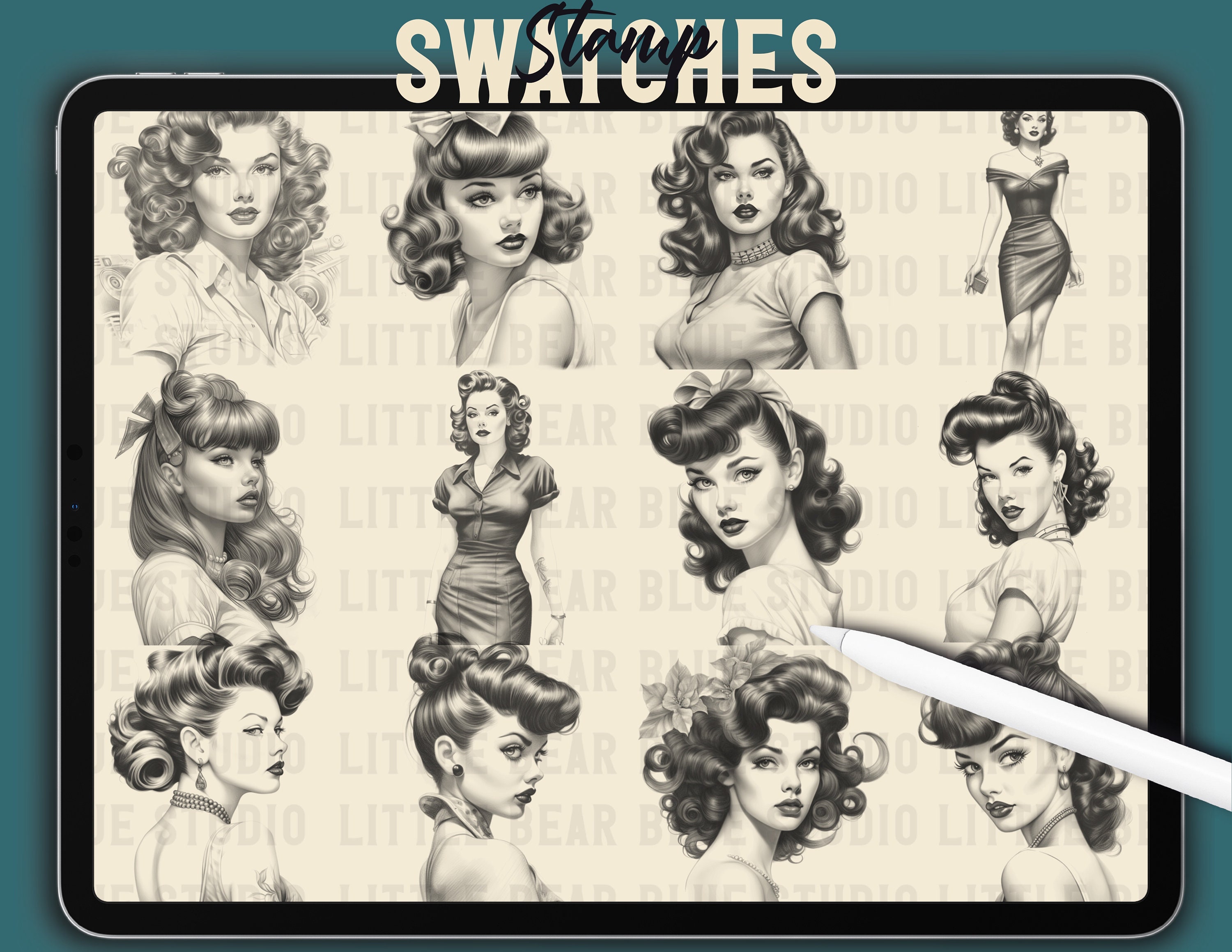 100 Realistic Pin up Girl Procreate Stamp Brushes, Pinup Tattoo Stamps, 50s Tattoo Reference ...
