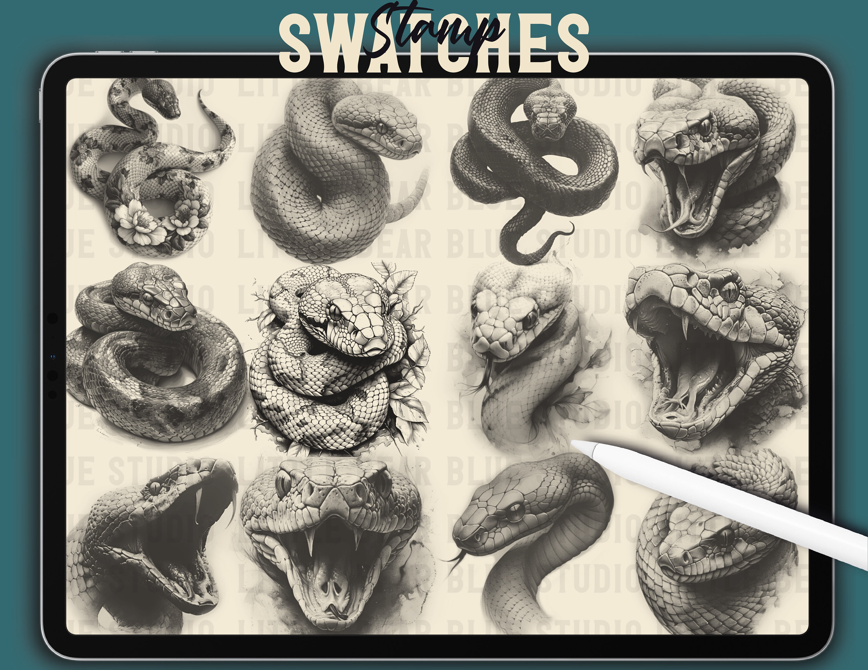 100 Realistic Snake Procreate Stamp Brushes, Snake Tattoo Stamps ...