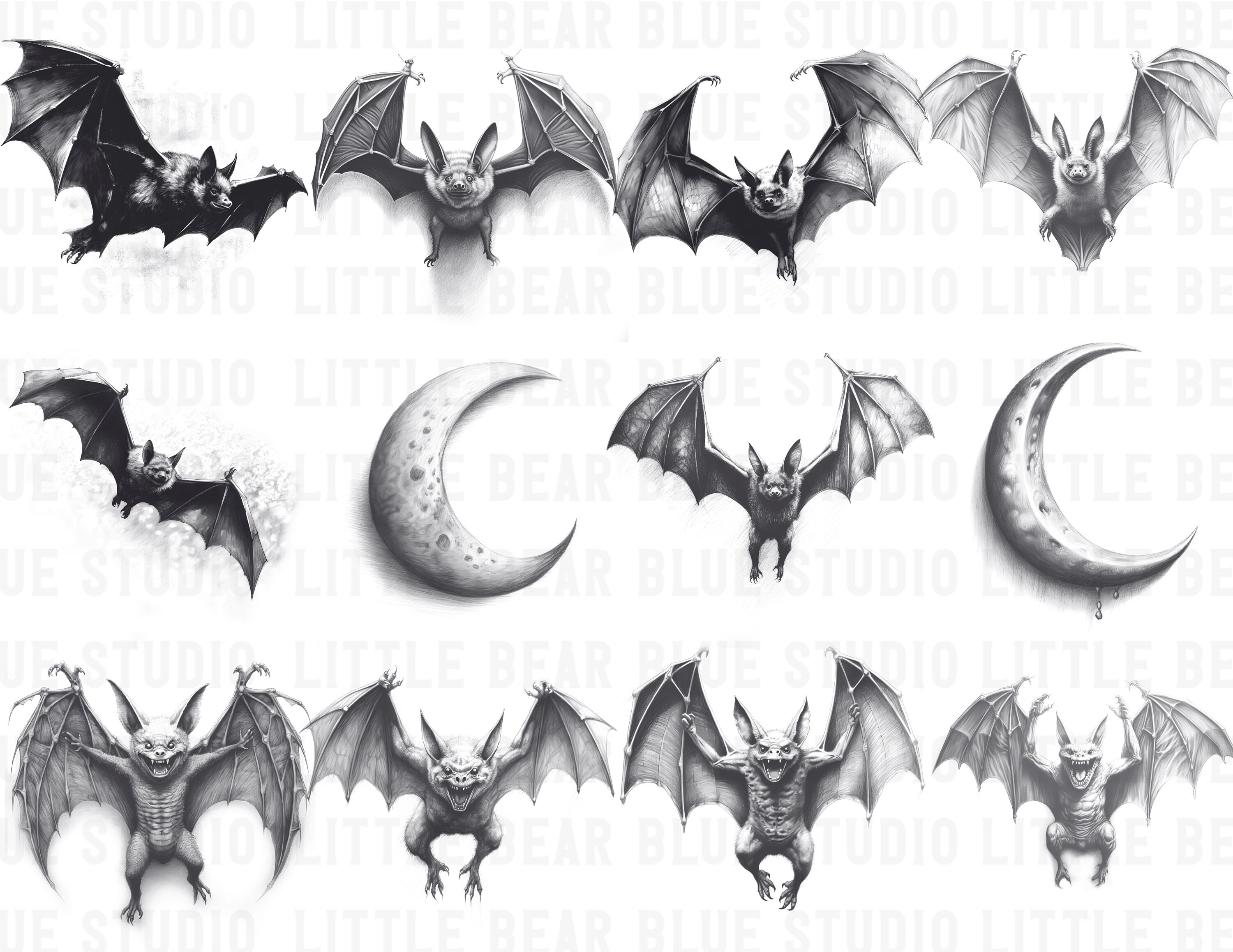 100 Realistic Bat Procreate Stamp Set, Horror Tattoo Stamp, Bat Wing ...