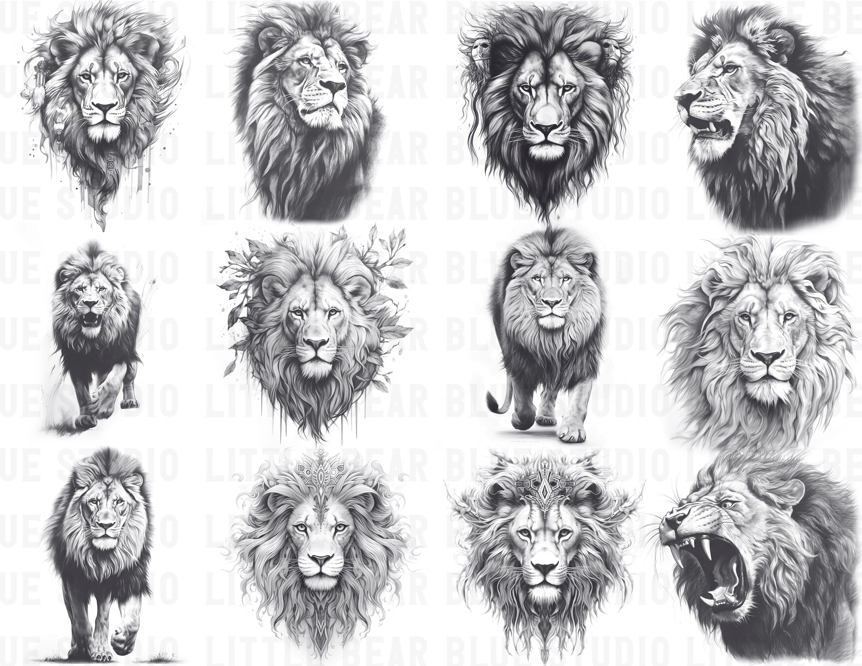 100 Realistic Lion Procreate Stamp Brushes, Lion Portrait Tattoo Stamps ...