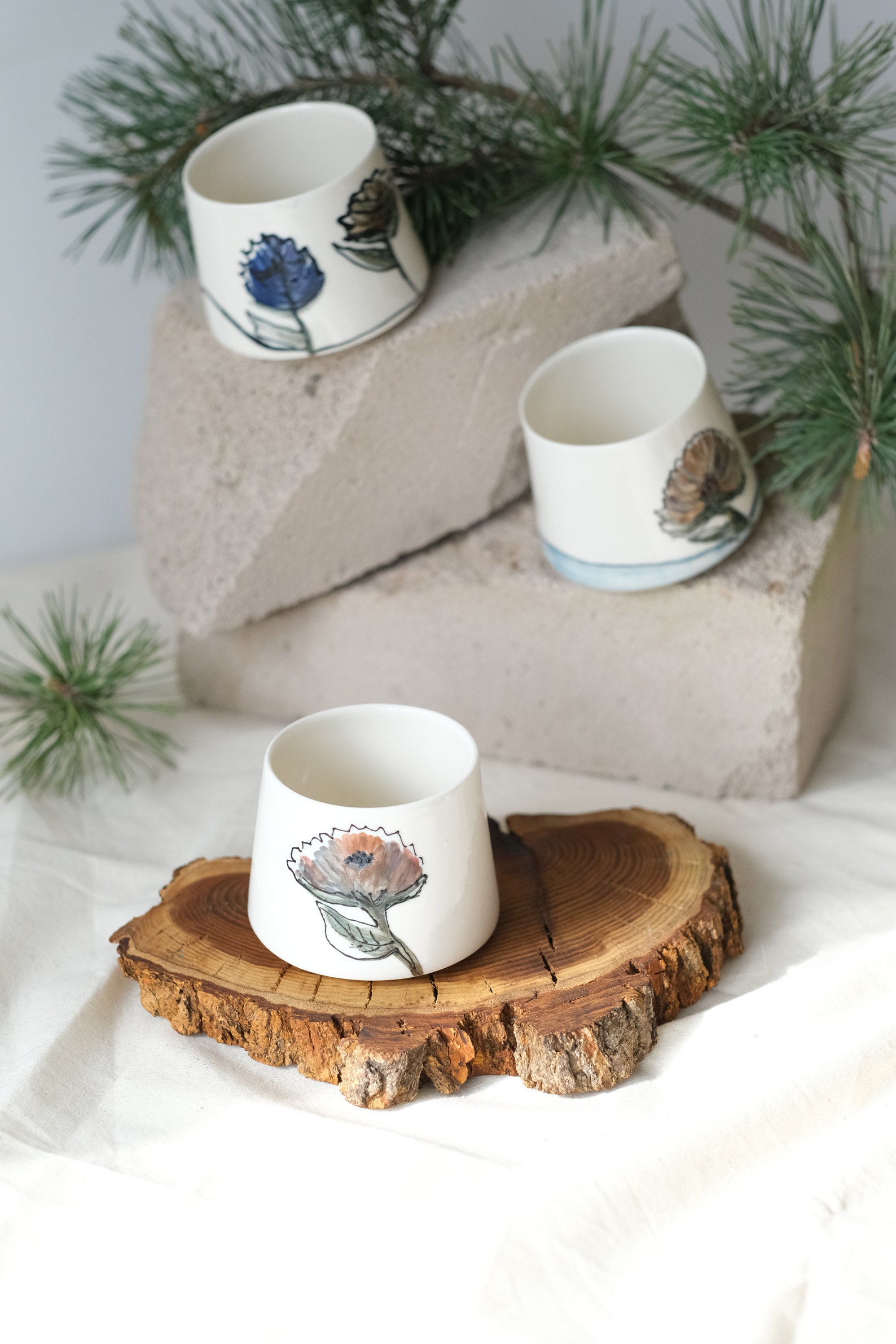 Hand Painted Cup Set Conical Shape Porcelain Set of 3 Cups - Etsy