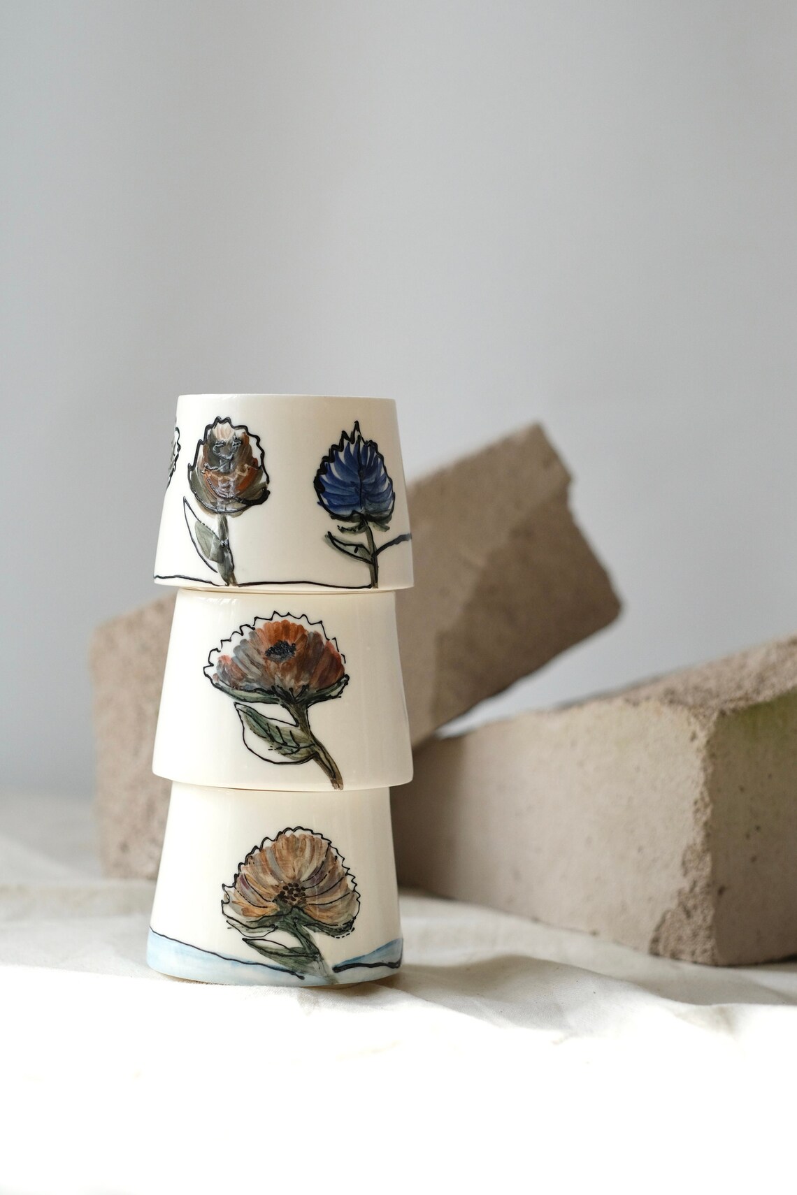 Hand Painted Cup Set Conical Shape Porcelain Set of 3 Cups - Etsy