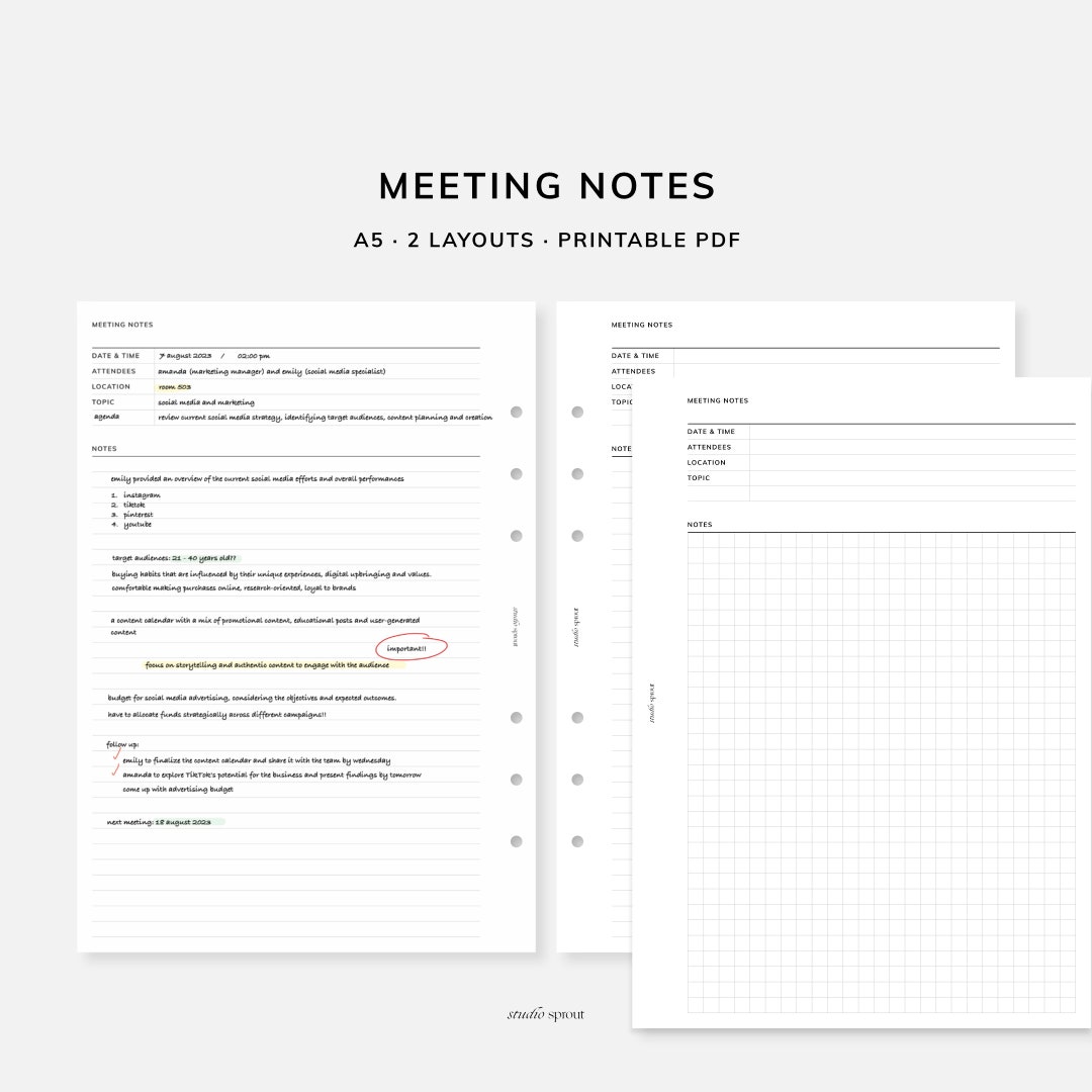 Meeting Notes | A5 Printable Inserts | Work Meeting Agenda | Office ...