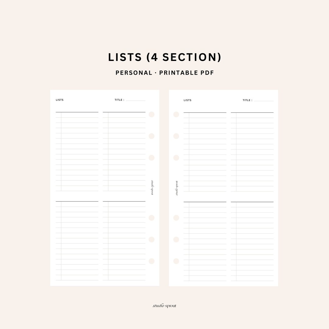 Lists 4 Section | Personal Printable Inserts | To-do List, Work / Task ...