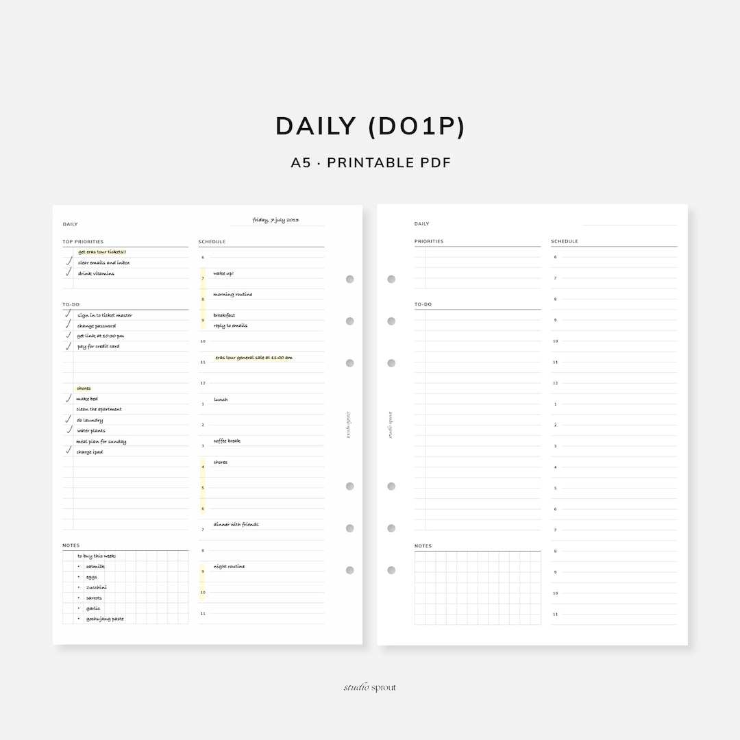 Daily Planner | A5 Printable Inserts | DO1P Day on One Page | Undated ...