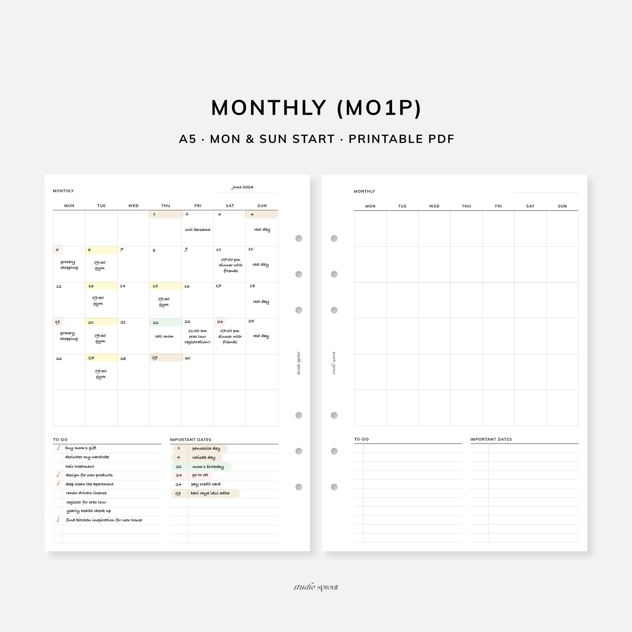 Monthly Planner | Monday Sunday Start | A5 Printable Inserts | MO1P ...