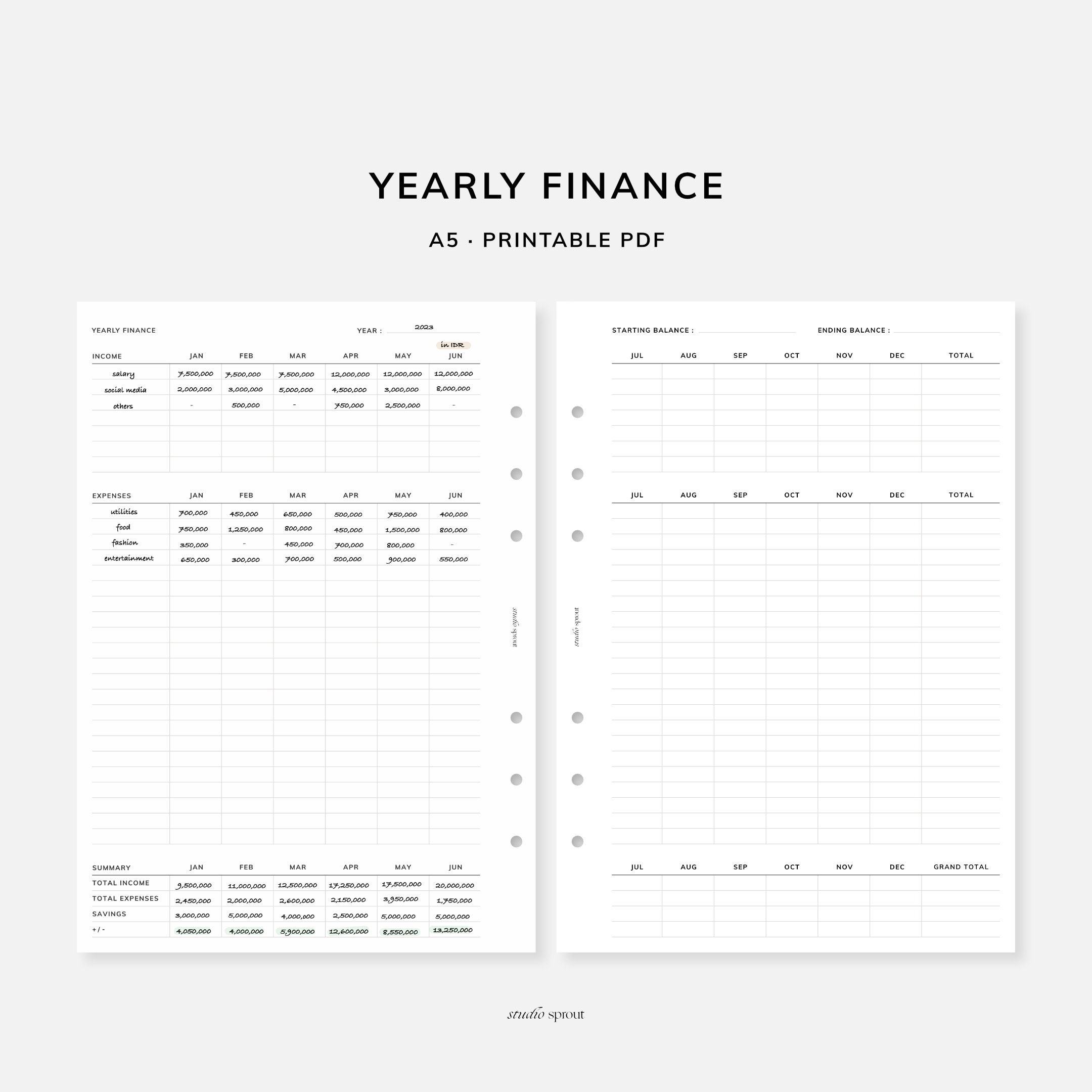 Yearly Finance A5 Printable Inserts Money Management & Financial ...