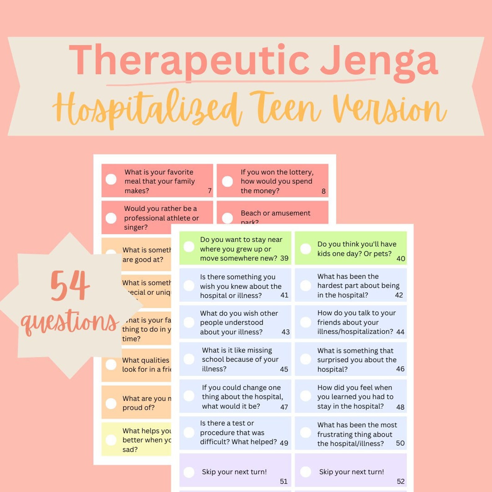 Therapeutic Jenga Game Questions for Teens | Illness/hospital Coping ...