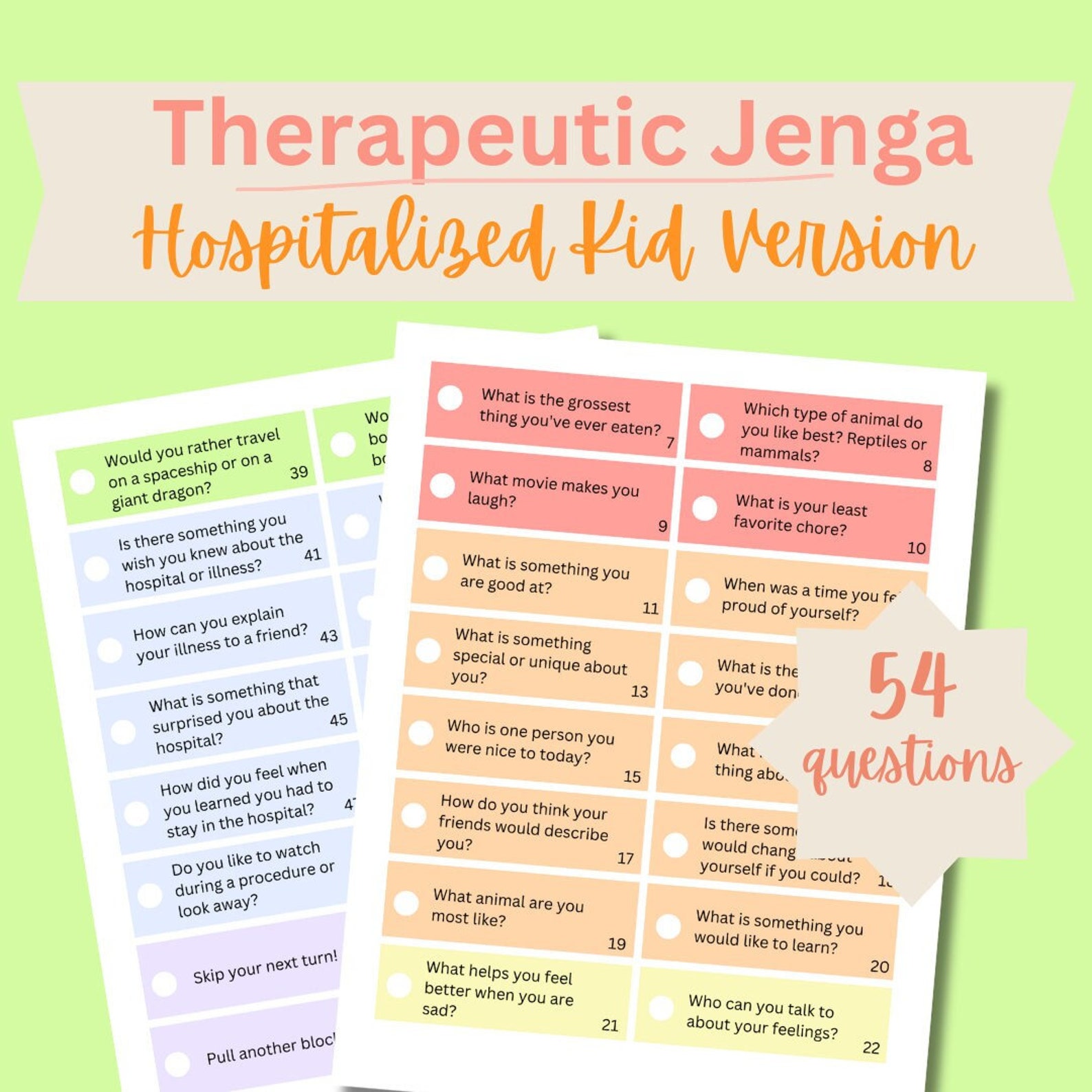Therapeutic Jenga Game Questions for Kids | Illness & Hospital Coping ...