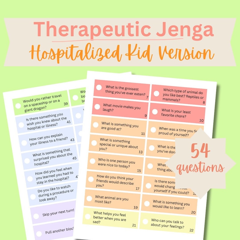 Therapeutic Jenga Game Questions for Kids | Illness & Hospital Coping ...