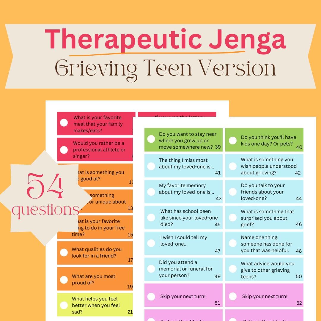 Therapeutic Jenga Game Questions for Grieving Teens | Bereavement ...