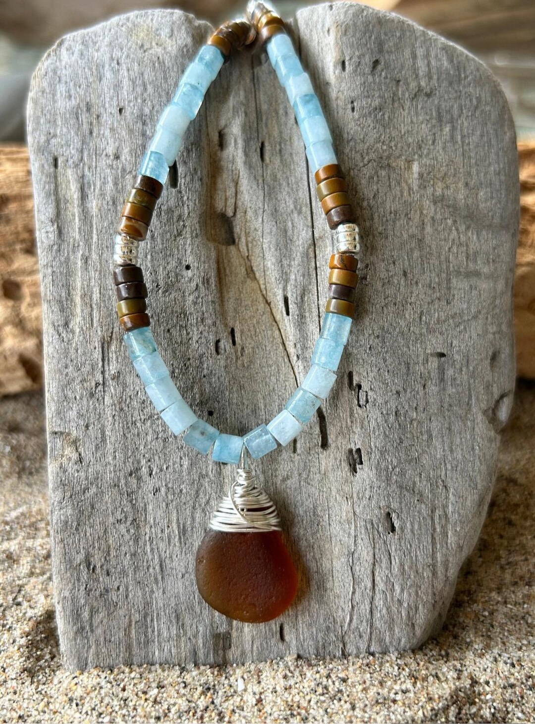 Sea Glass Pendant Necklace Handmade Beaded Coastal Beach Jewelry ...