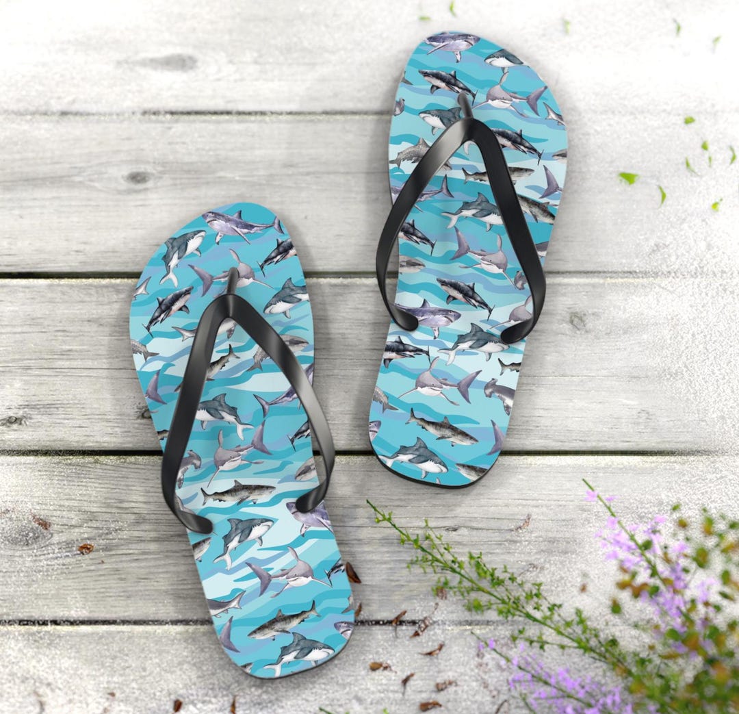 Shark Flip Flops Turquoise Blue Coastal Footwear for Men Summer Sandals ...