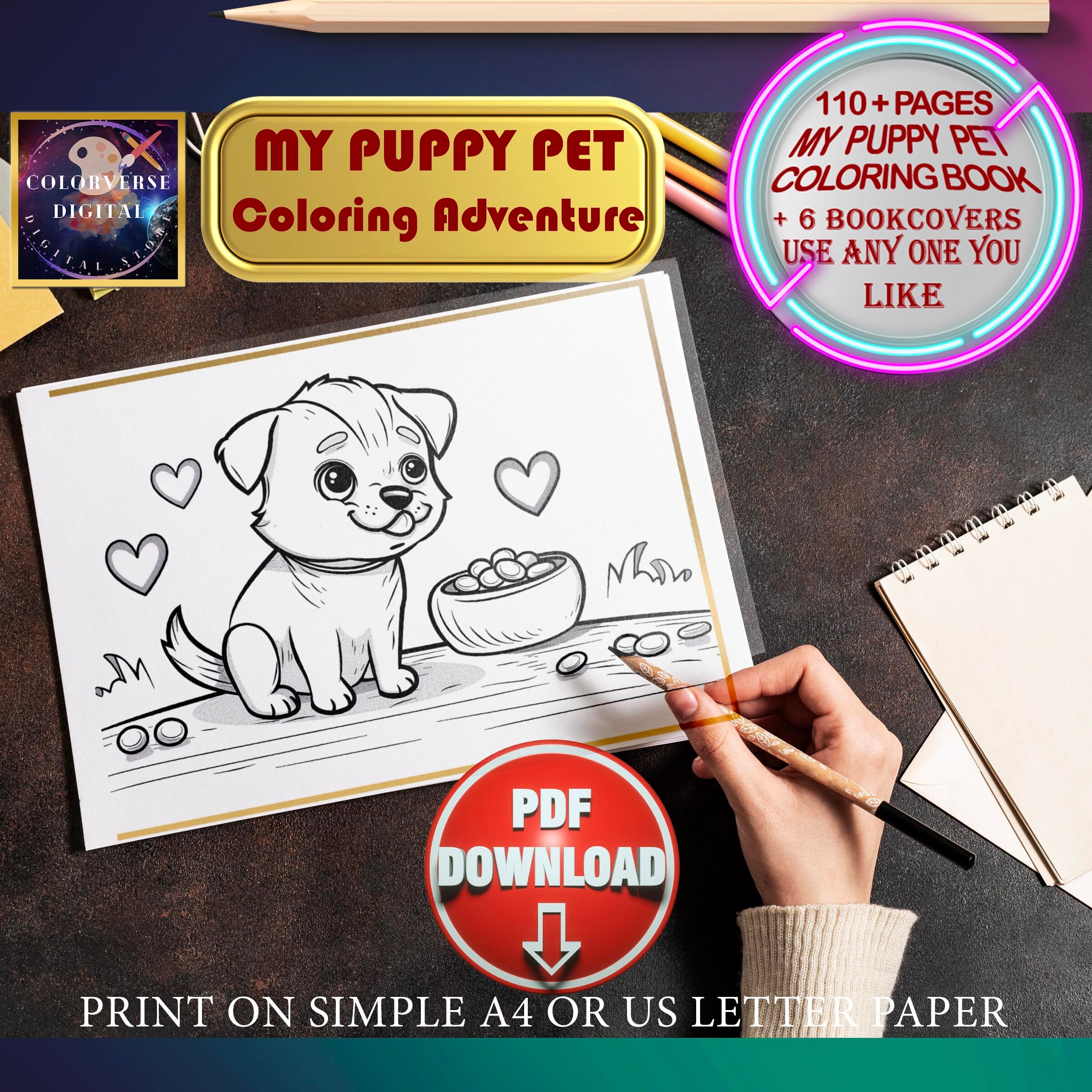 CUTE PUPPY Pet Coloring Pages, Kids Dog Coloring Sheets, Printable ...