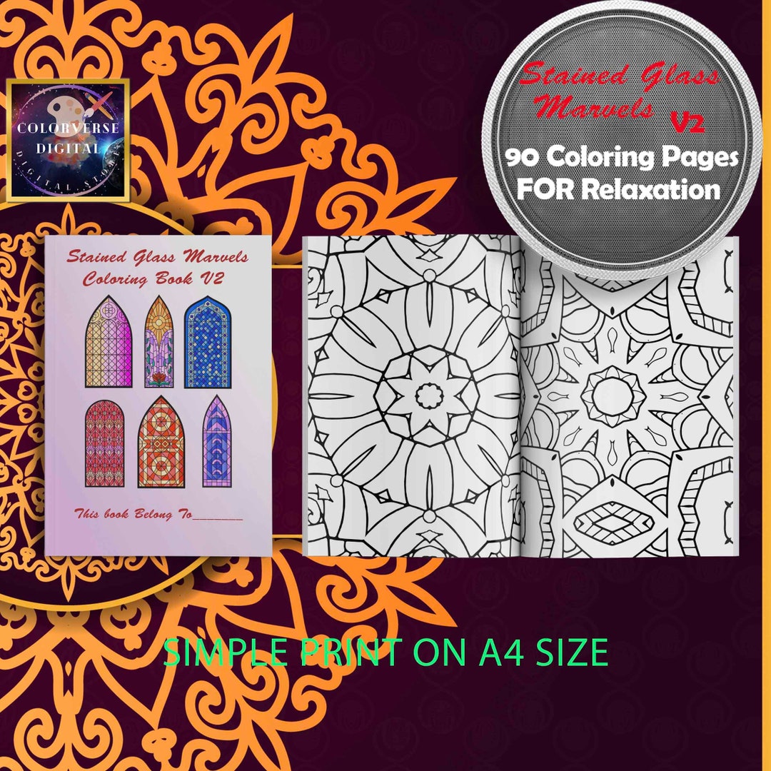 Stained Glass COLORING Book Anti Stress Therapy, Fantasy Designs, 80 ...