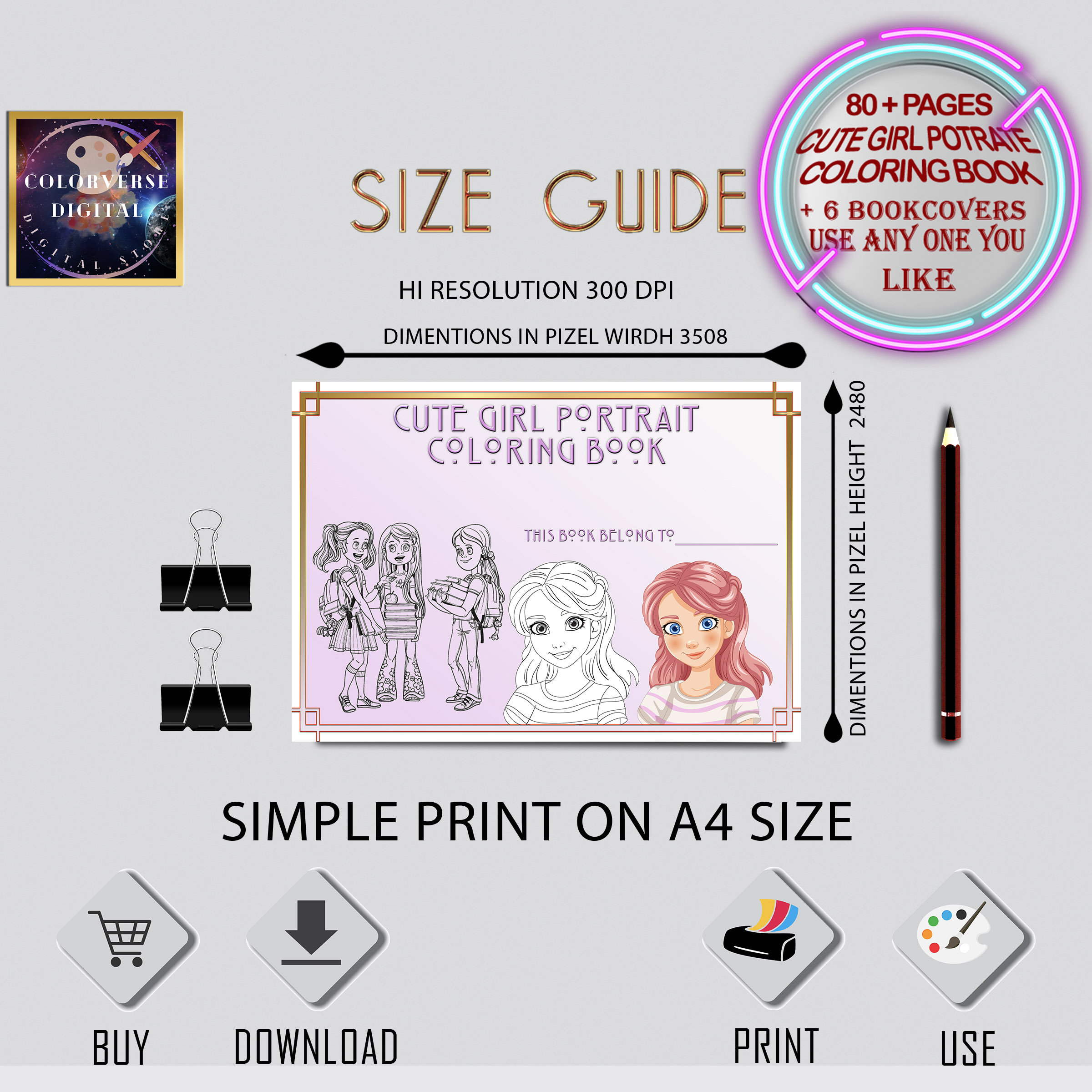 Cute Girl Portrait Coloring Pages for Kids and Adults A4 Printable Page ...