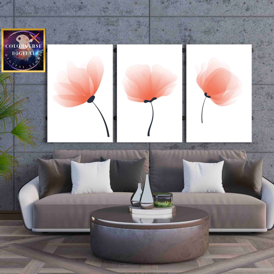 Set of 3 Pink Flowers Printable Wall Art Instant Download - Etsy