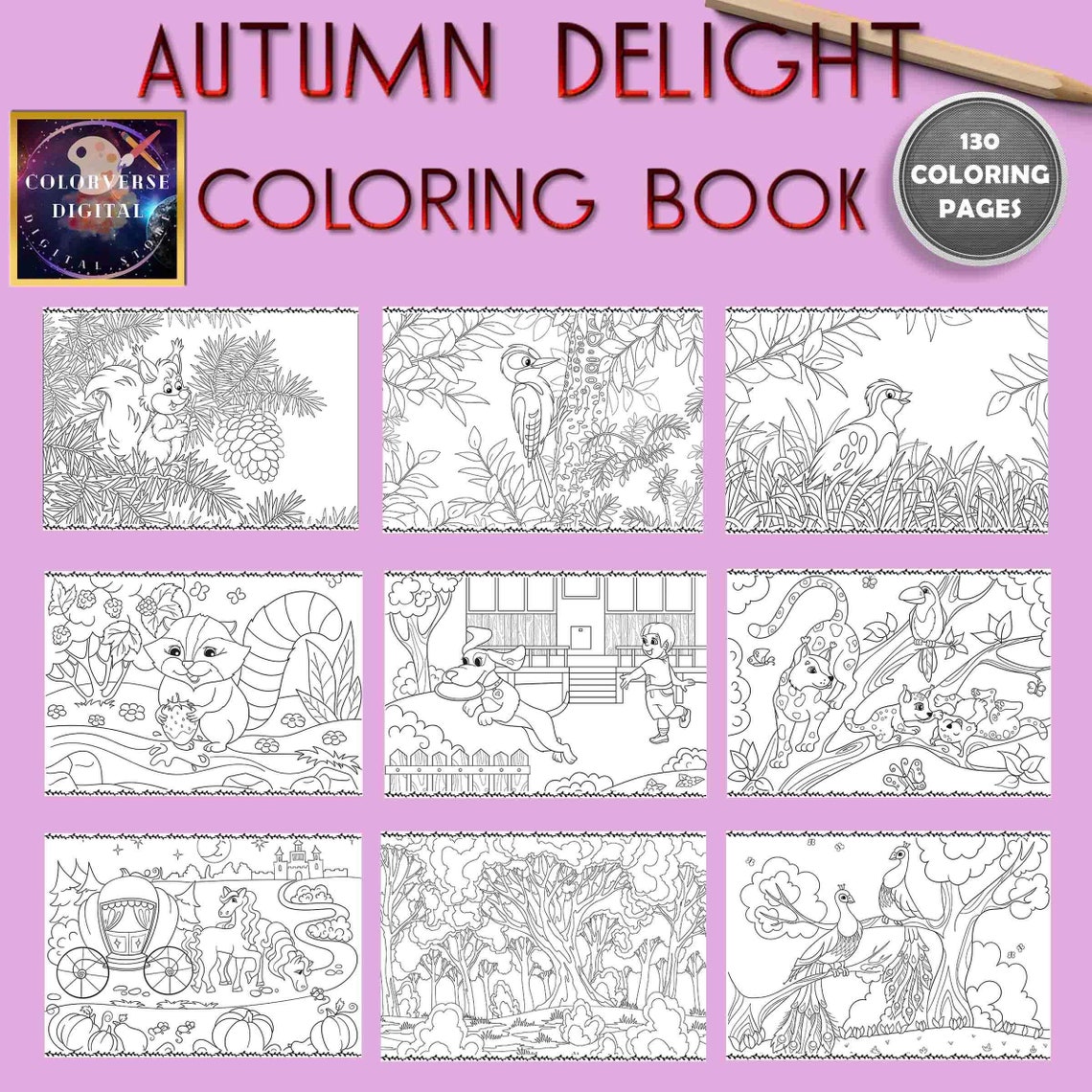 Autumn Coloring Book | Grayscale Printable Pages | Fall Season Art for ...