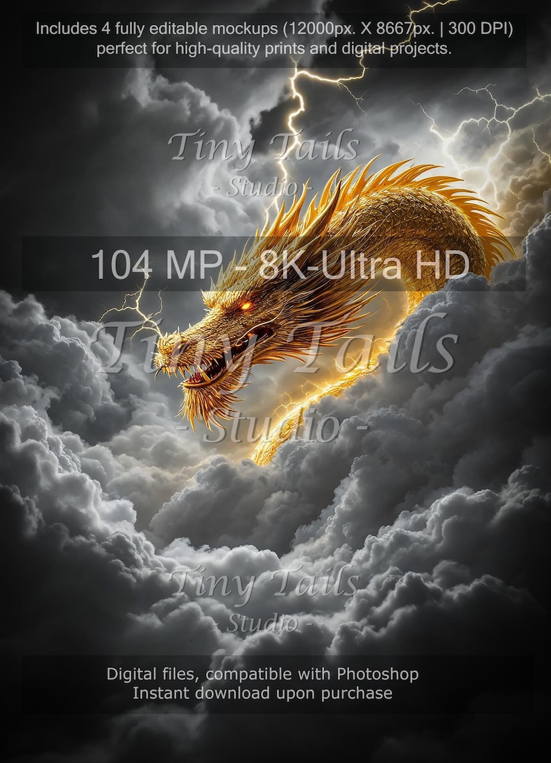 Set of 4 - Unique Storm Dragon Art Bundle - Celestial Fantasy Digital Download | High-res ...
