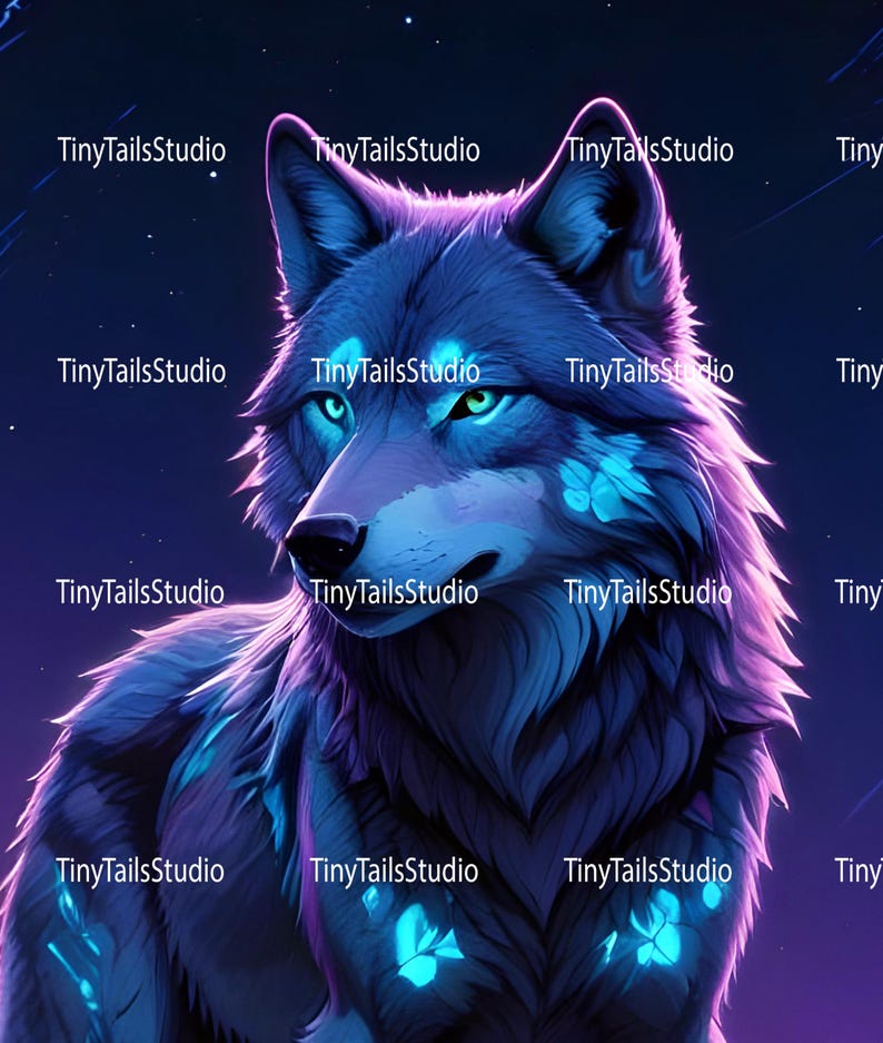 Set of 5 - Mystical Wolf Art Print - Glowing Blue Digital Wolf ...