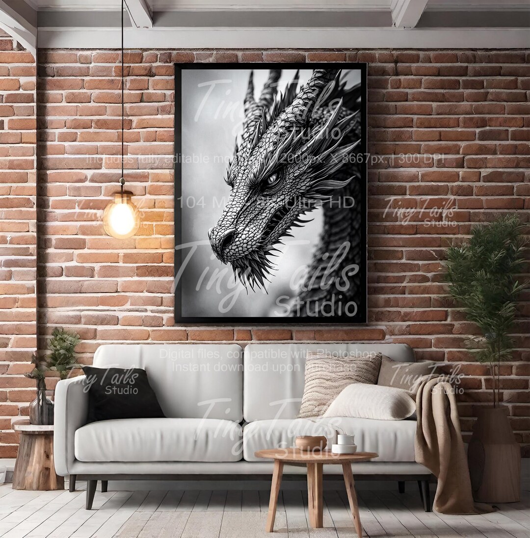 Detailed Monochrome Dragon Wall Art - 8K UHD High-quality Fantasy Print ...