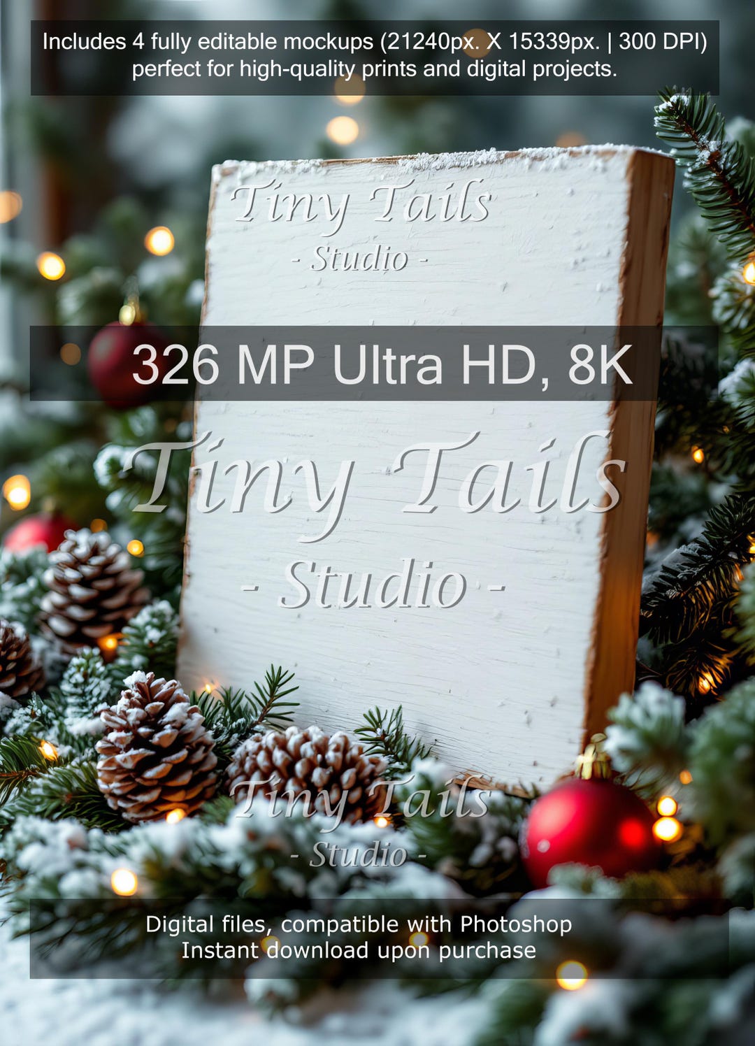 Set of 4 Rustic Christmas Frame Mockup Snowy Pine & Festive Lights ...