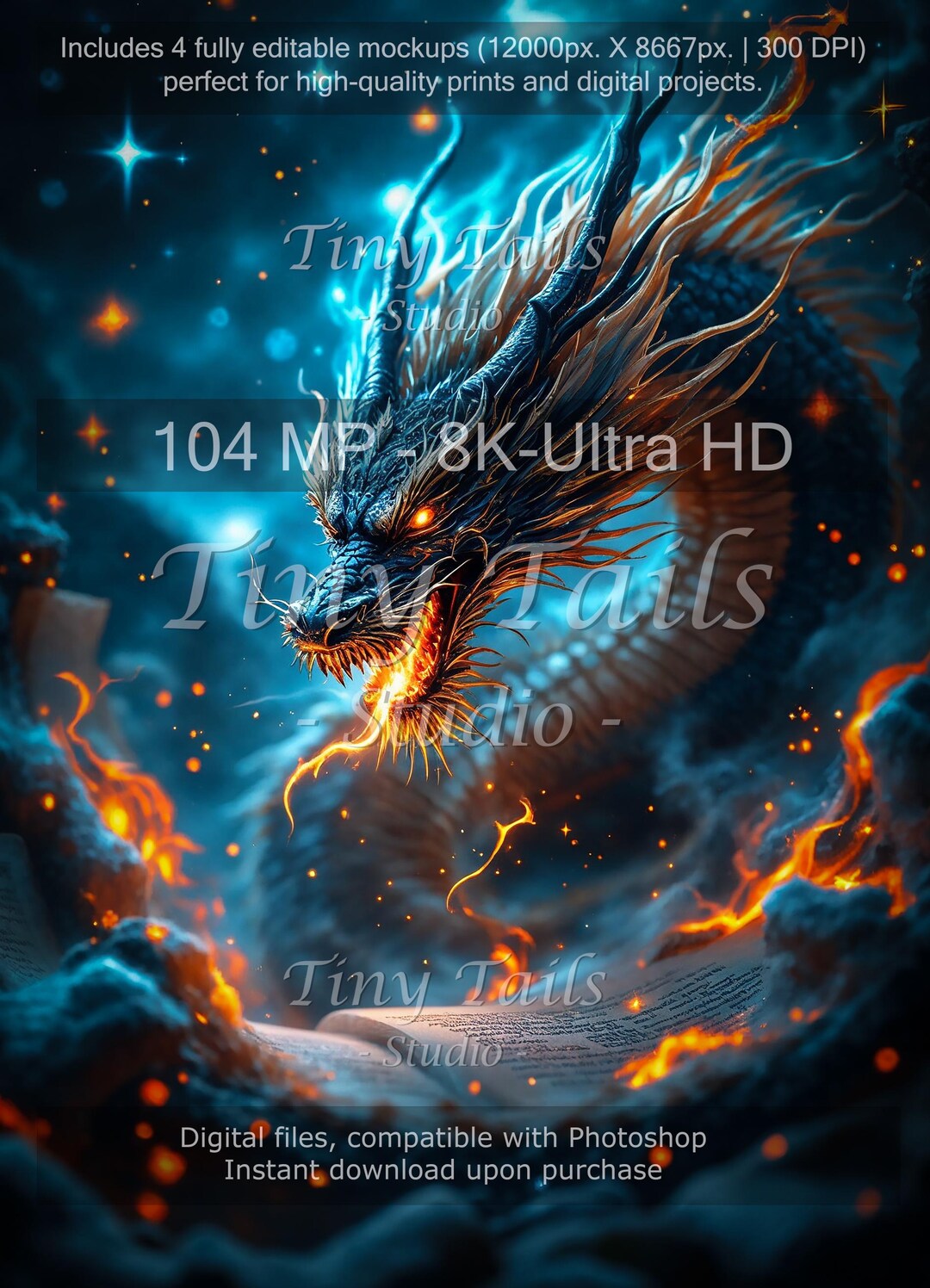 Set of 4 - Unique Storm Dragon Art Bundle - Celestial Fantasy Digital ...