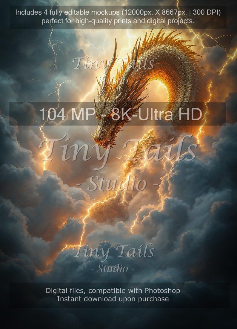 Set of 4 - Unique Storm Dragon Art Bundle - Celestial Fantasy Digital Download | High-res ...
