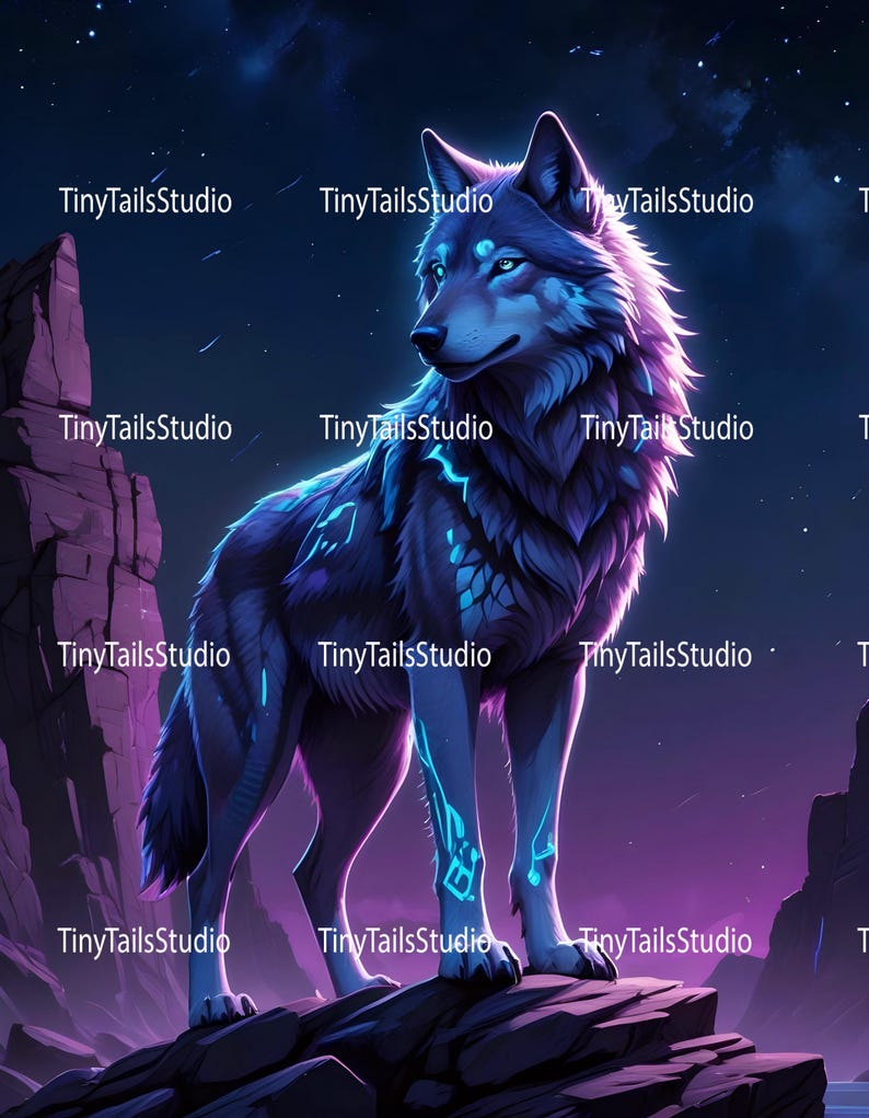 Set of 5 - Mystical Wolf Art Print - Glowing Blue Digital Wolf ...