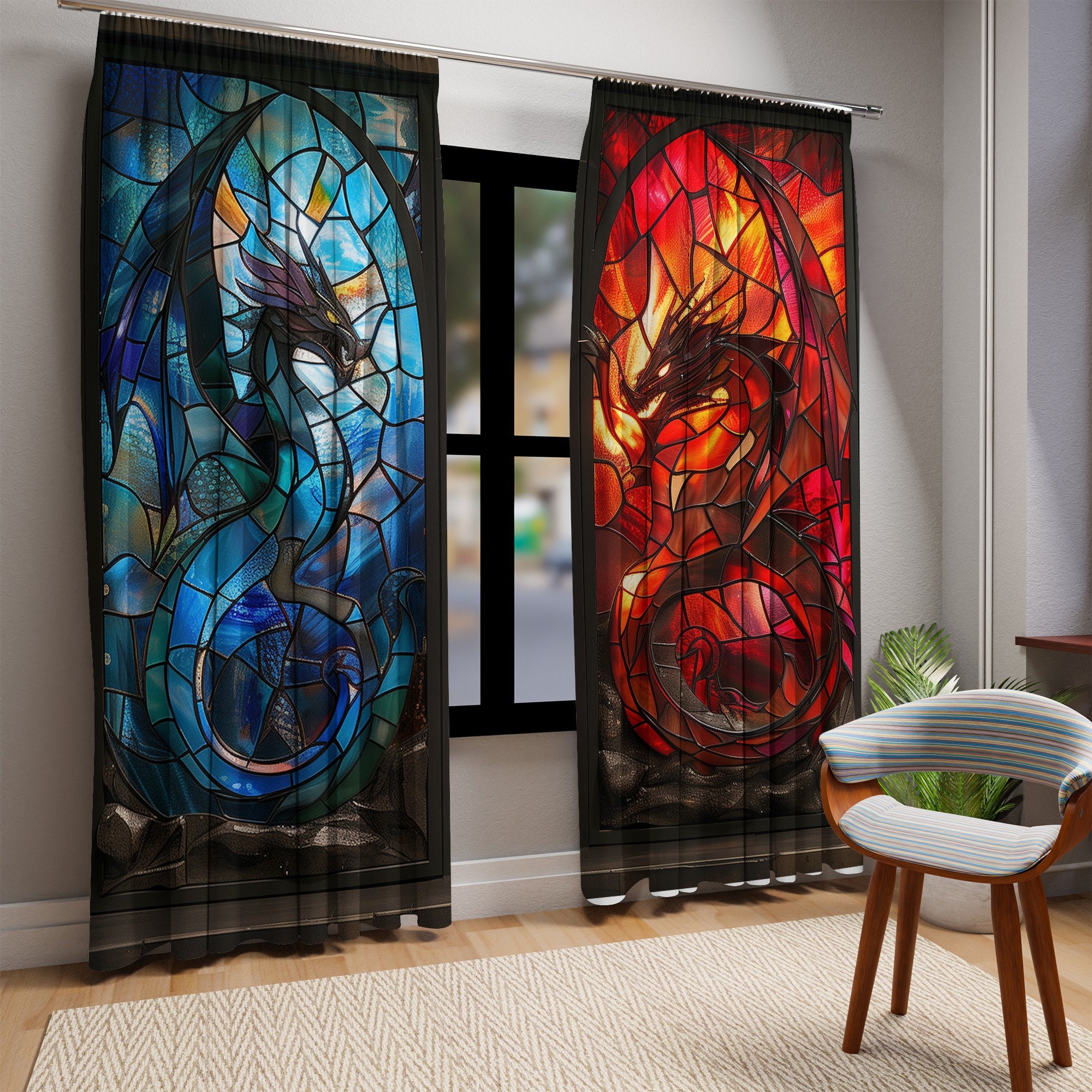Dragon Decor Curtain,stained Glass Curtains,mosaic Theme Curtains ...