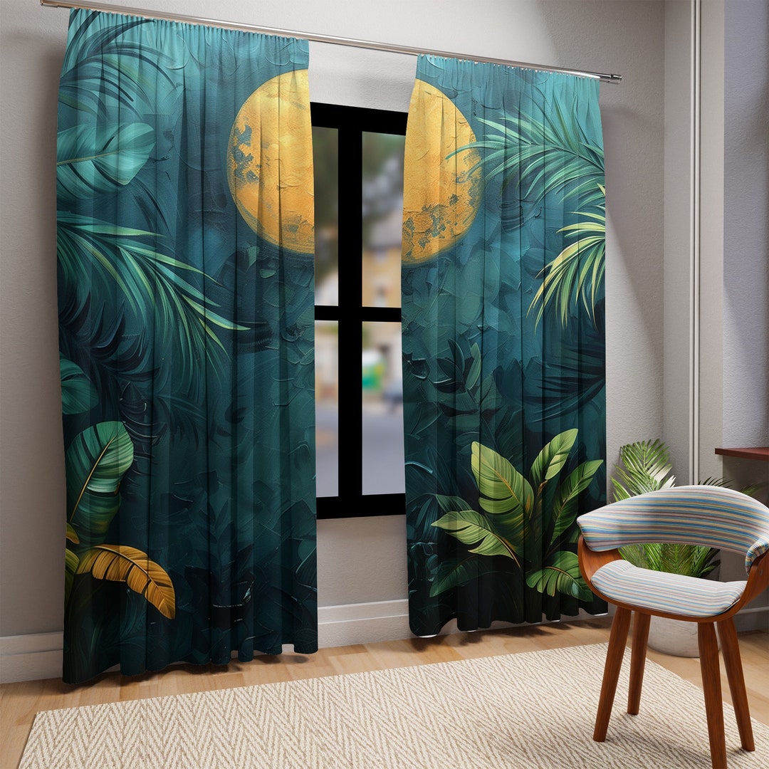 Green Leaf Curtains,moon Theme Curtains,moonlight Room Decor,nature Curtains,tree Leaf Curtains ...