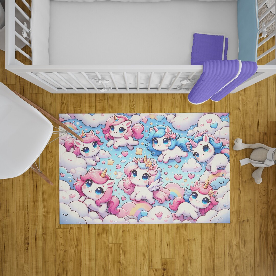 Unicorns in Clouds Nursery Rug Dreamy Kids Room Decor, Unicorn Baby Rug ...