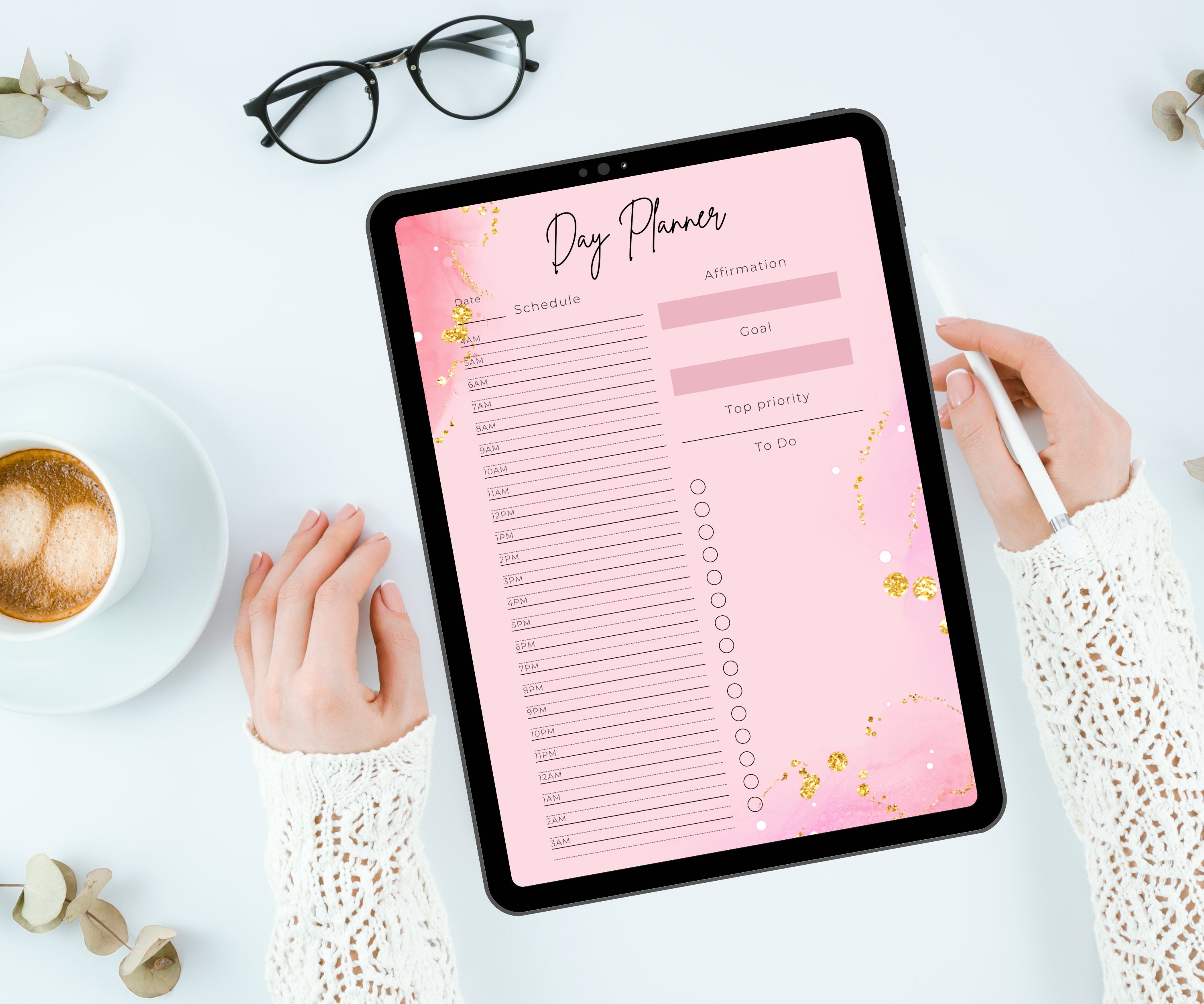 Digital Daily Pink Planner, Printable Cute Hourly Planner, Goodnotes to ...